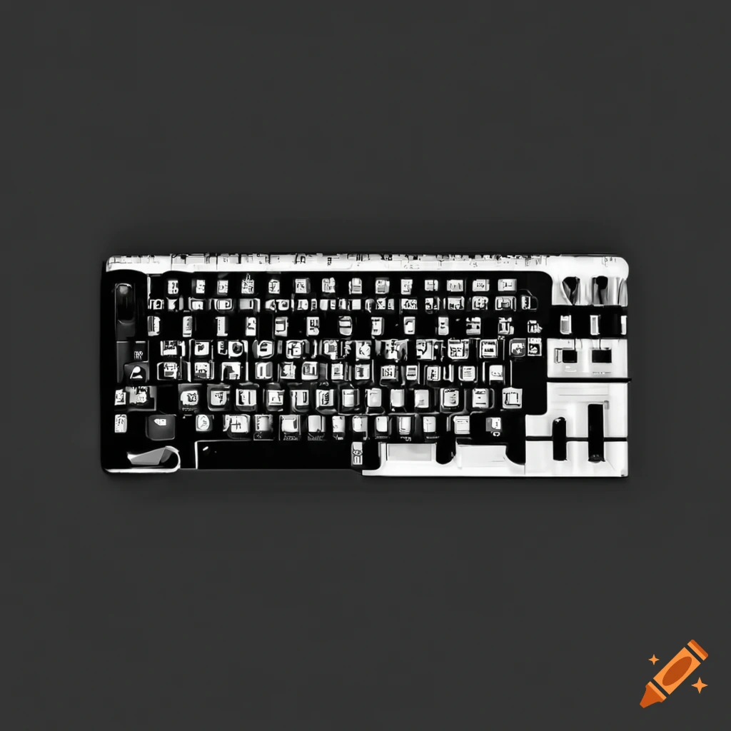 Sculpture made of keyboard keys, vhs cassette, and pipe on black ...