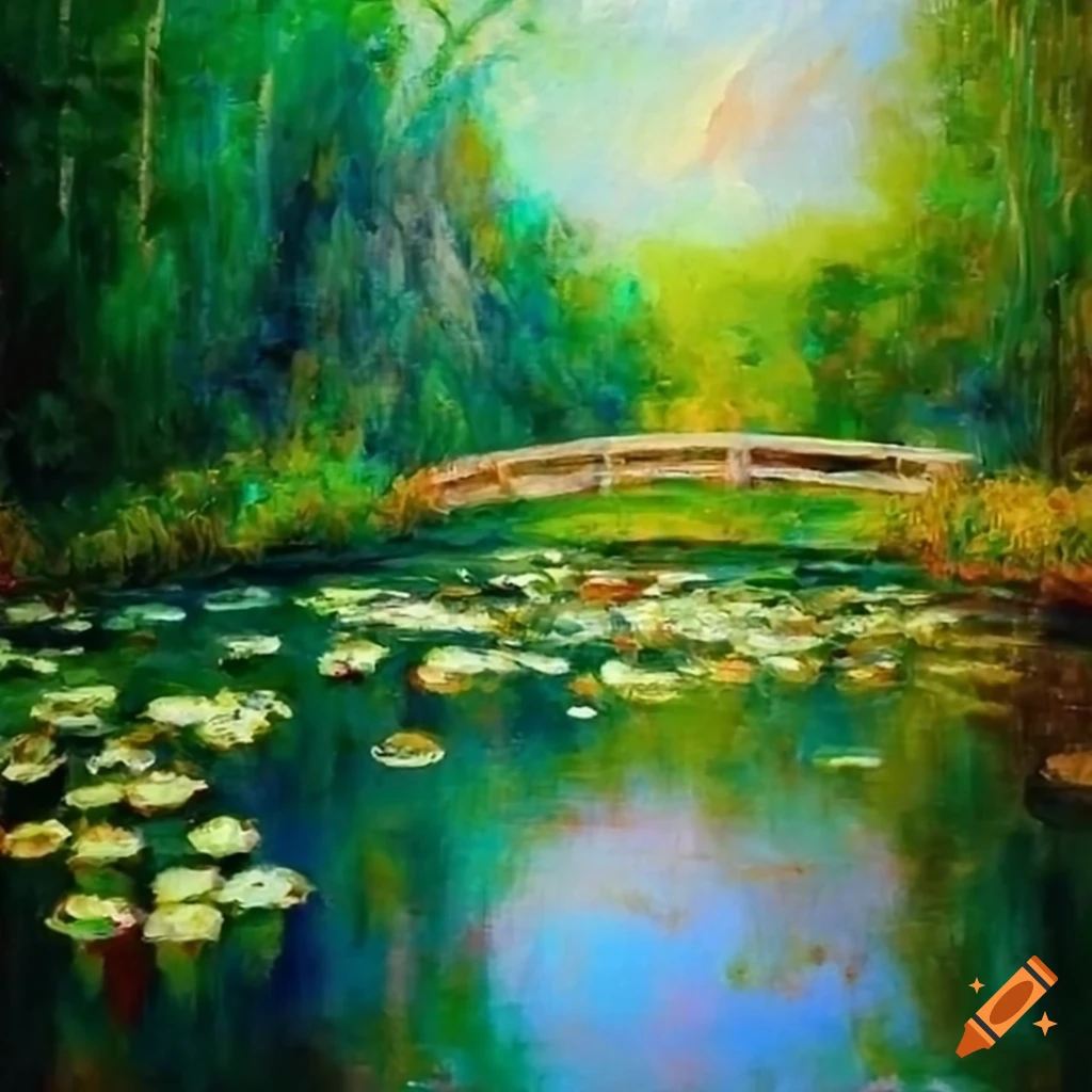 Impressionist painting of a river with lily pads and bridge on Craiyon
