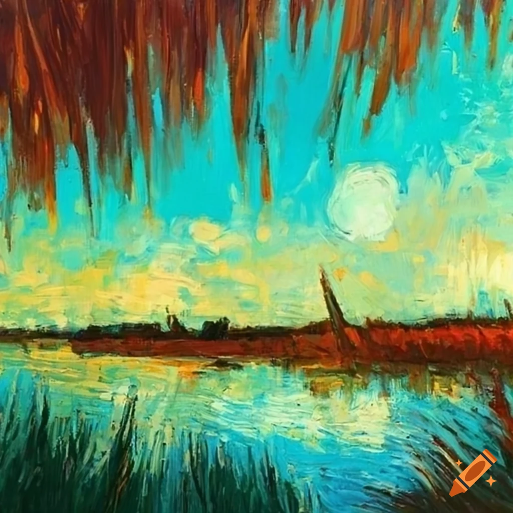 Abstract impressionism painting of a river landscape with boats and ...