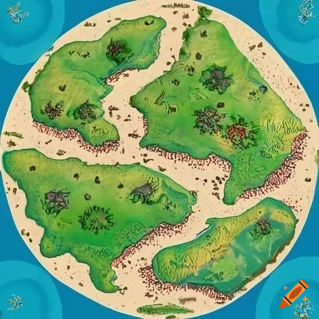 Illustrated map of interconnecting islands with different biomes on Craiyon