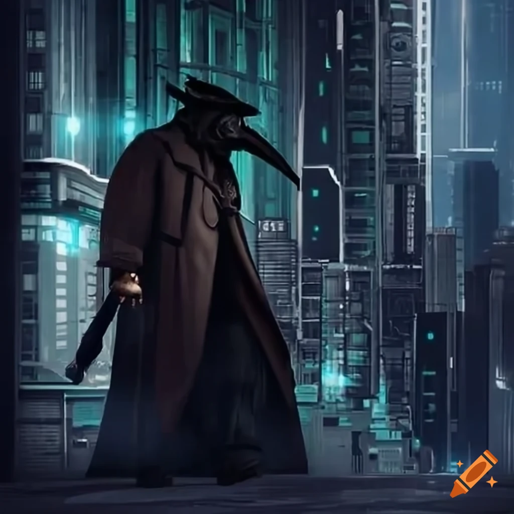 Plague doctor in a post-apocalyptic city on Craiyon