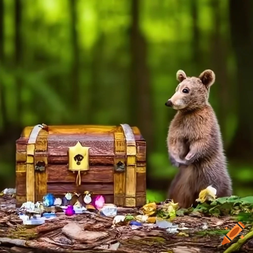 Illustration of bear and rabbit finding a treasure chest in the forest ...
