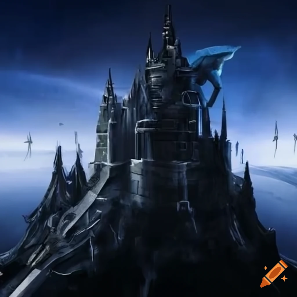 Digital art of a futuristic castle on a cyborg space fish