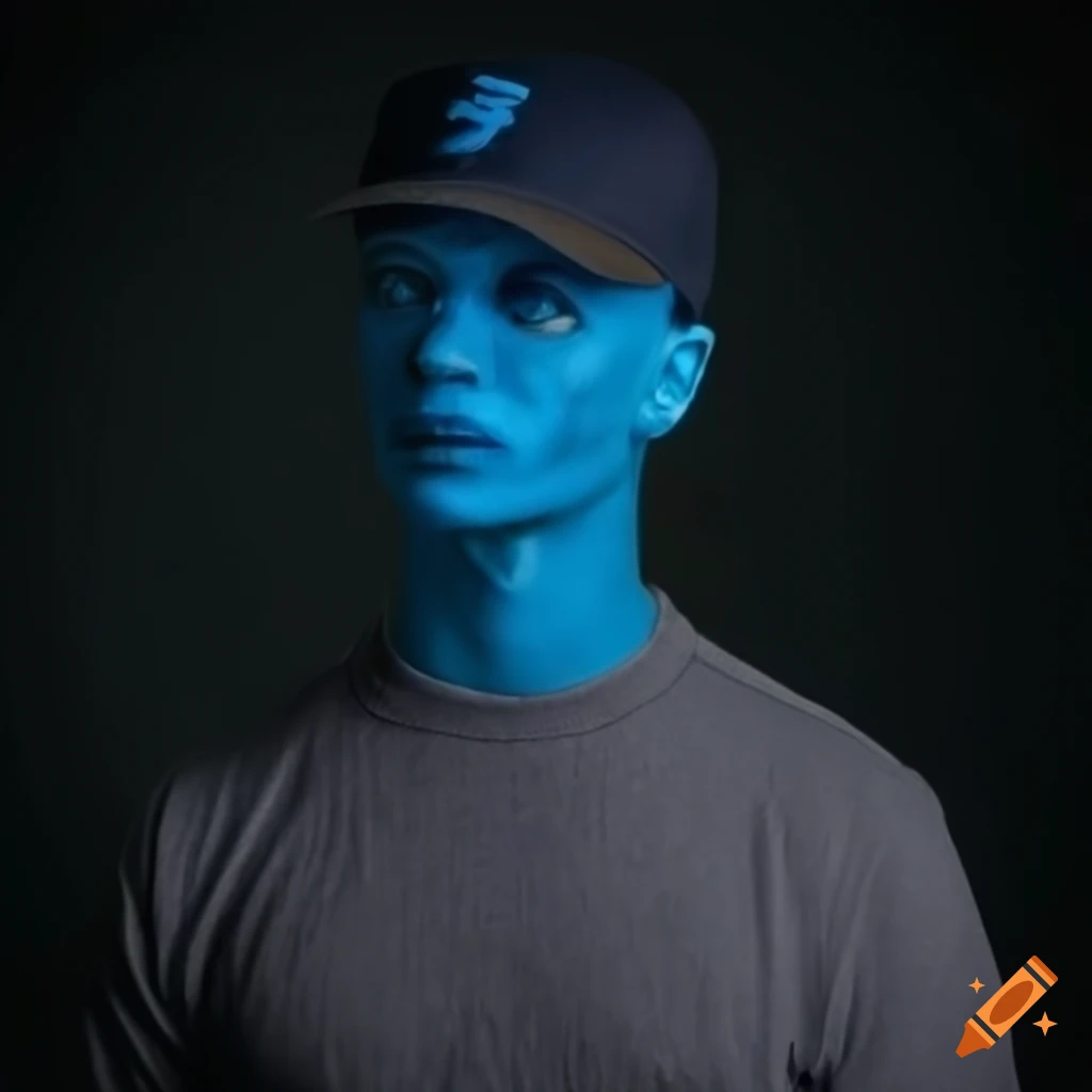 Character design of an alien humanoid with blue skin and white wavy ...