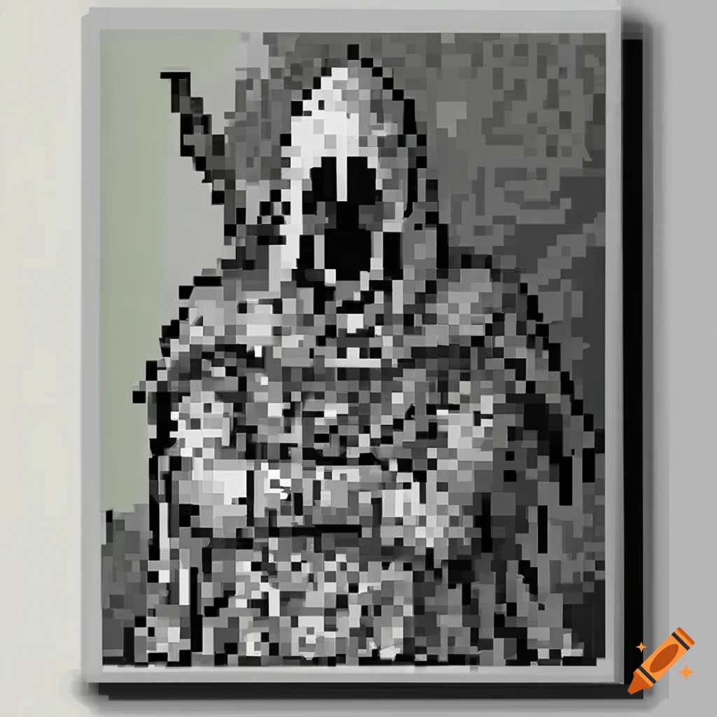 Black and white pixel art of a nazgul in an adventure fantasy setting