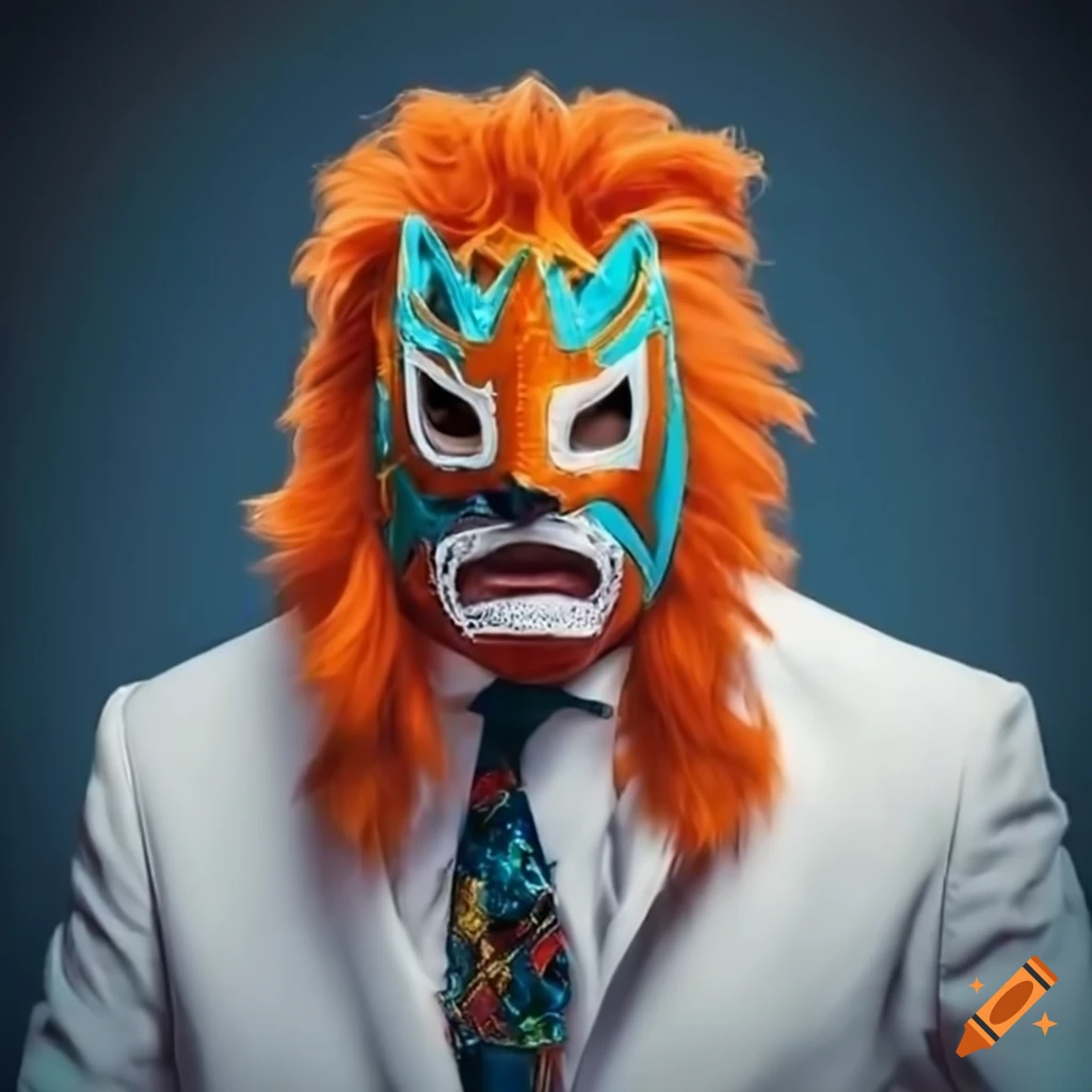 Image of a luchador wearing a vibrant orange lion mask