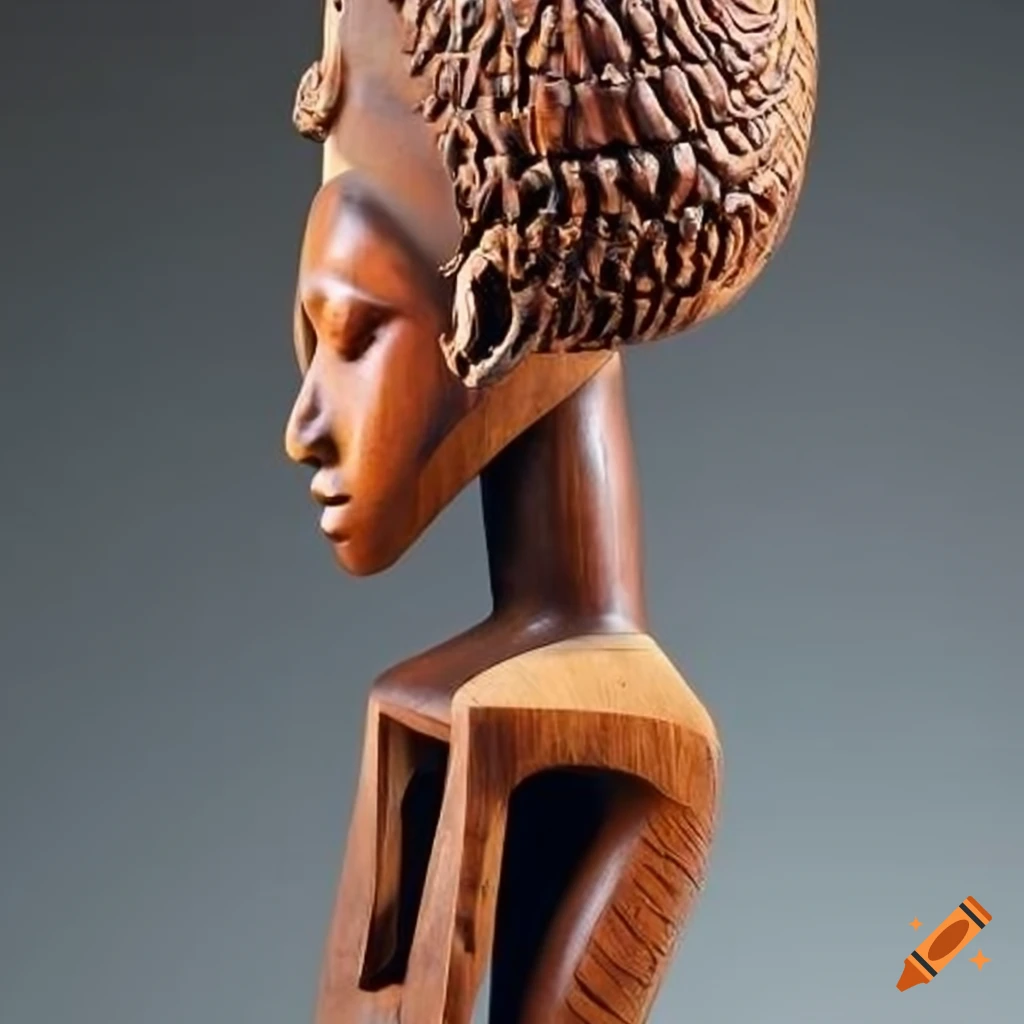 Wood carving of a stylized human figure on Craiyon