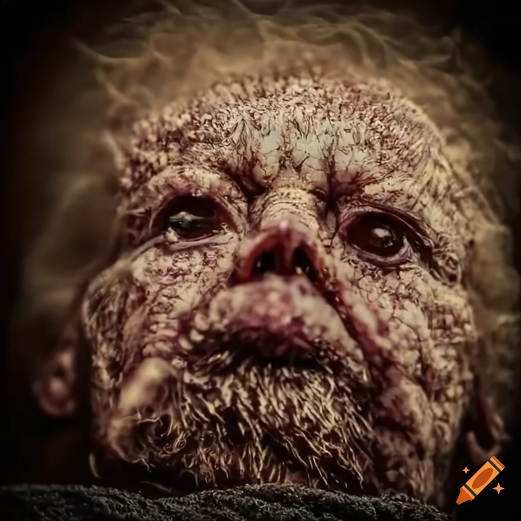 Mythical hybrid creature with big head and facial features in a horror ...