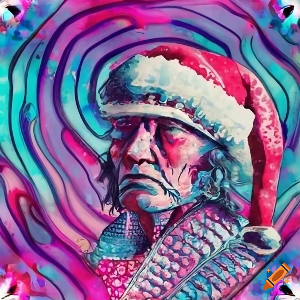 Samurai wearing santa hat on colorful swirls background