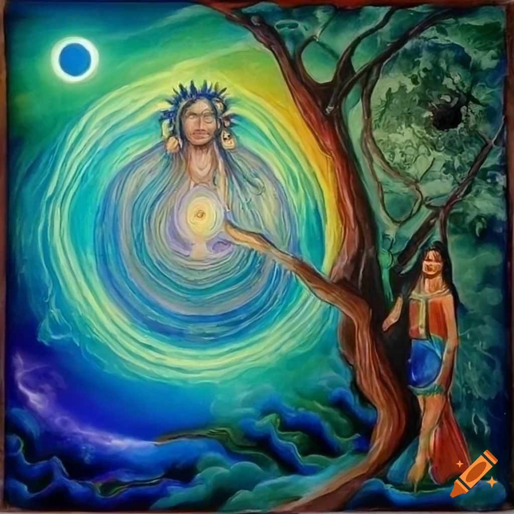 Visionary artwork of a shamanic dream with family and spirit entities on Craiyon