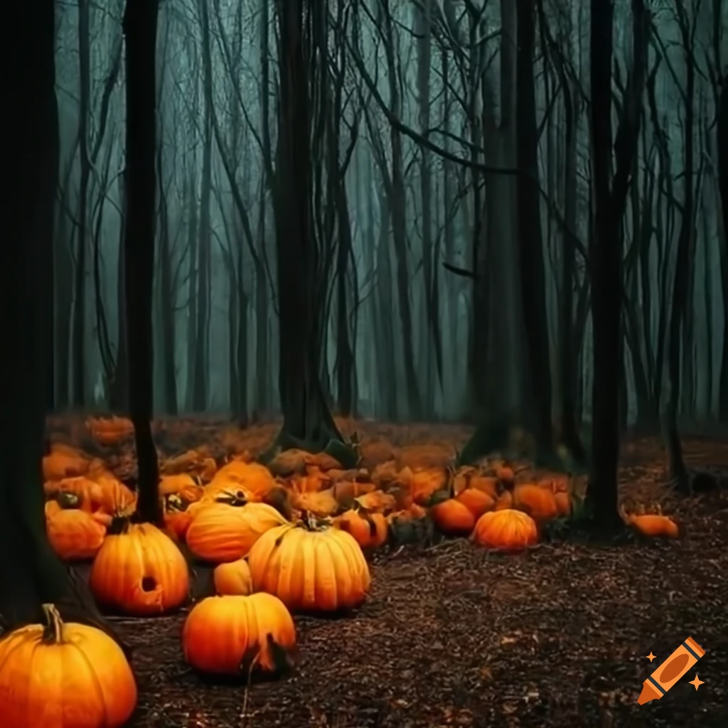 Creepy forest with pumpkins on Craiyon