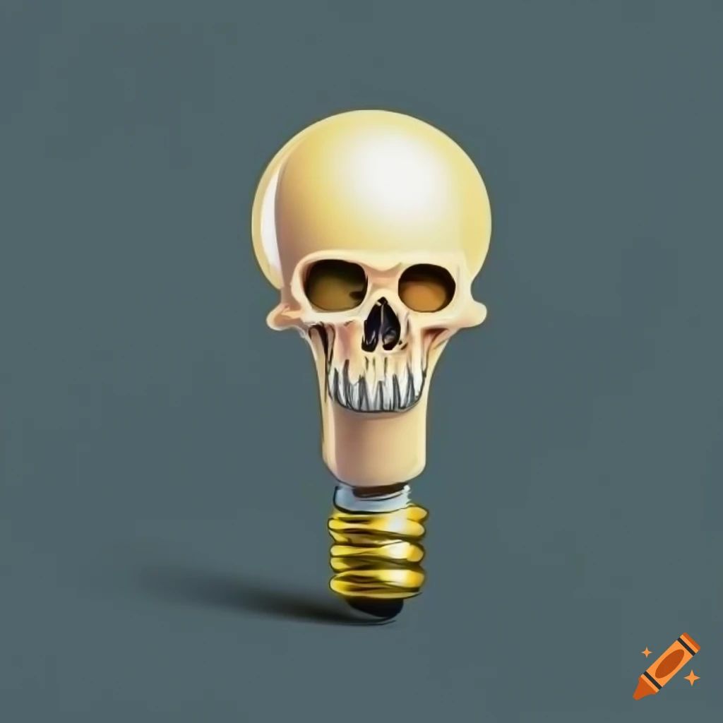 Cartoon illustration of a lightbulb with a skull on Craiyon