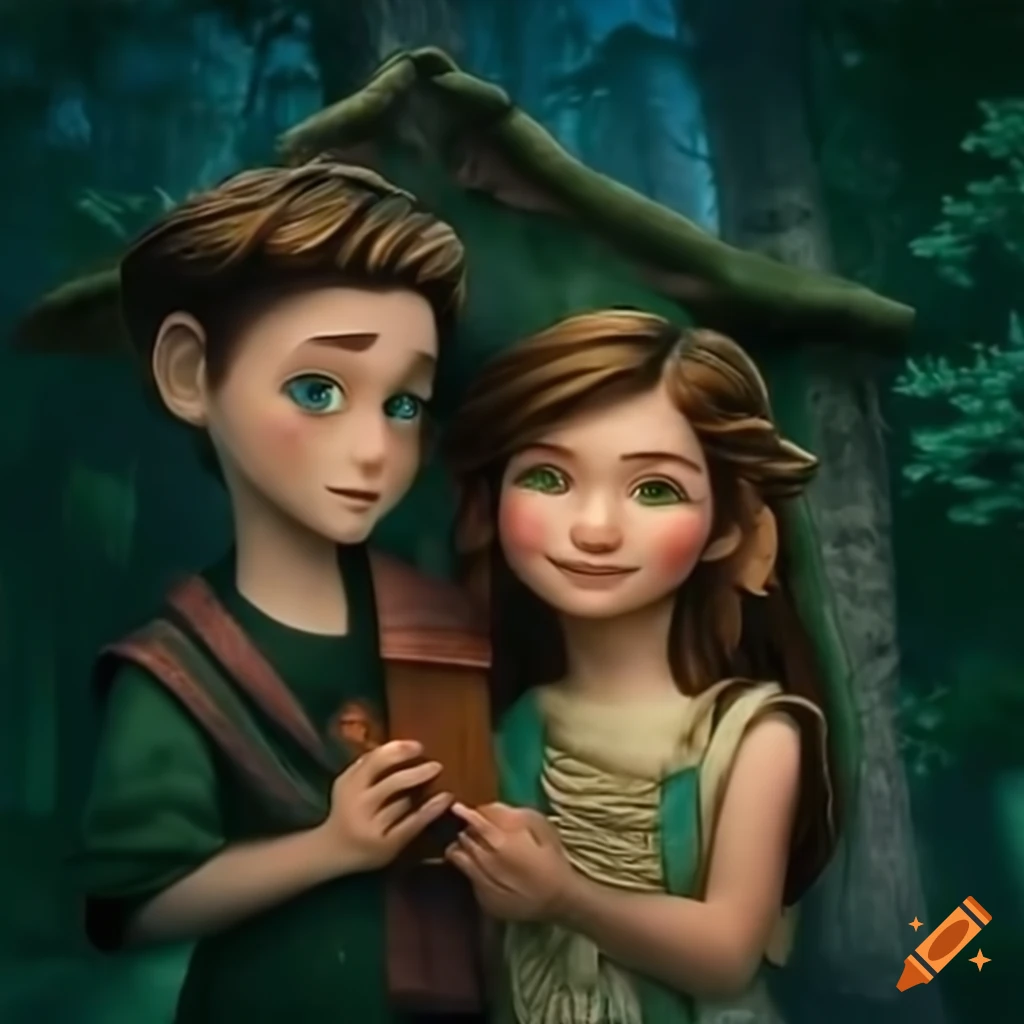 Illustration of two children in a magical forest on Craiyon
