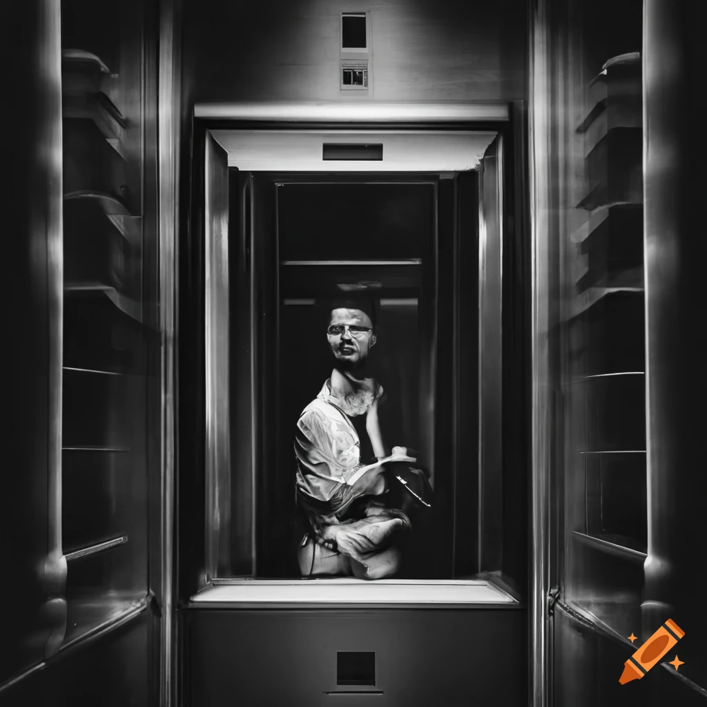 Black and white photo of a man inside an elevator on Craiyon