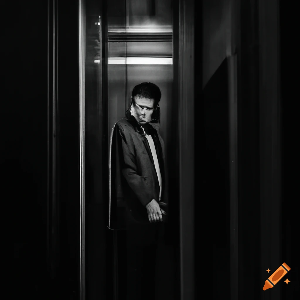 Black and white photo of a man inside an elevator on Craiyon