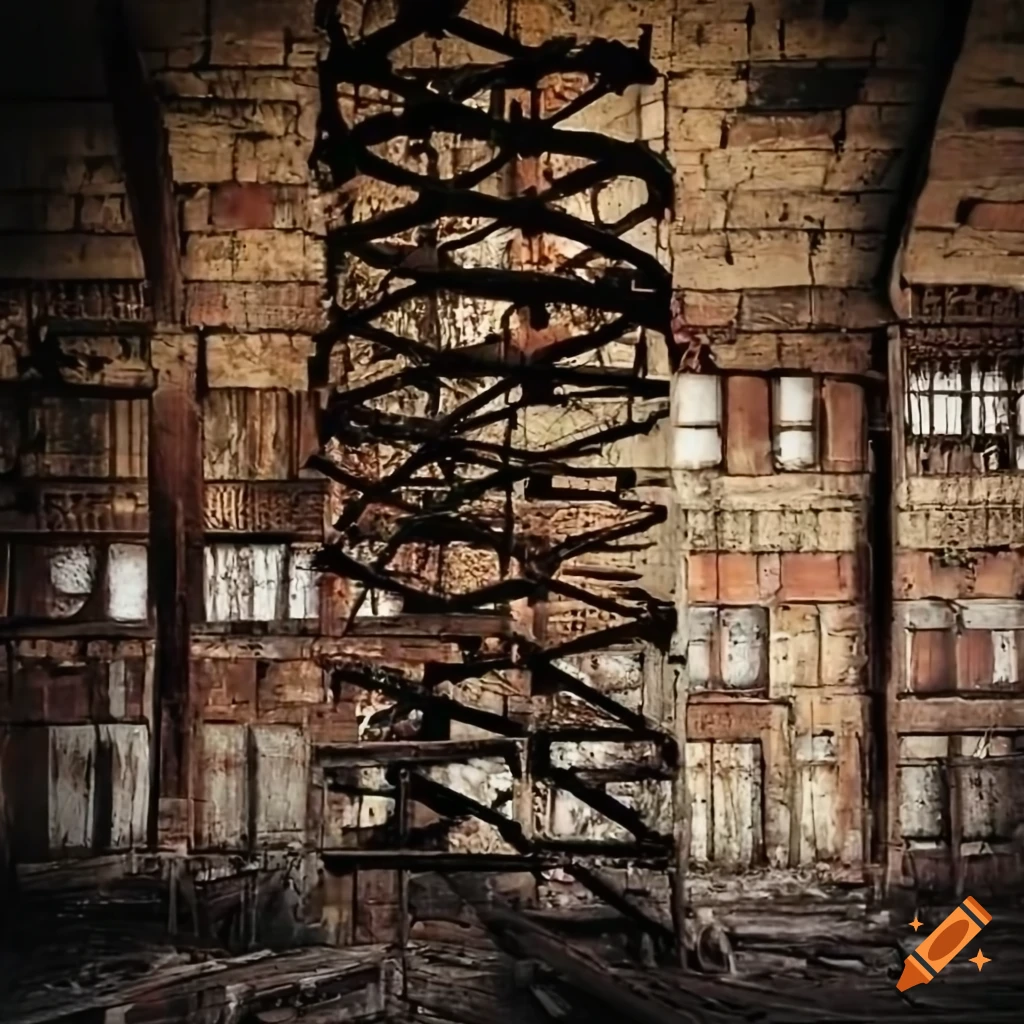 Photograph of an abandoned factory with unique structure on Craiyon