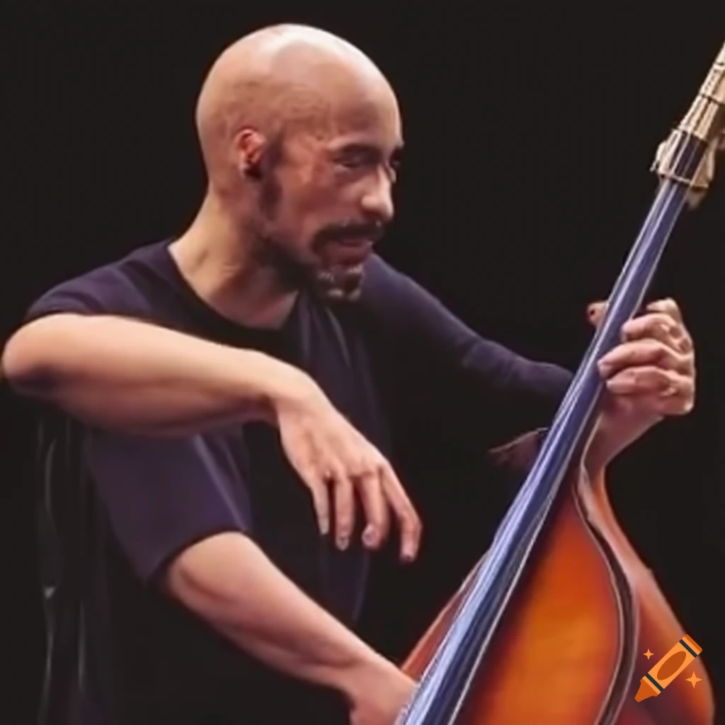 A bass player with black hair, shaved head, and a beard on Craiyon