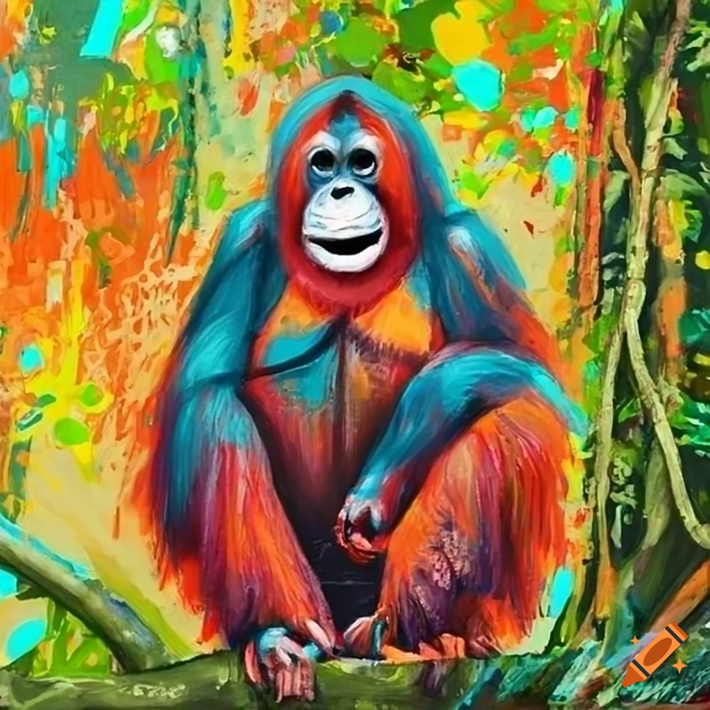 Abstract painting of an orangutan in jungle trees