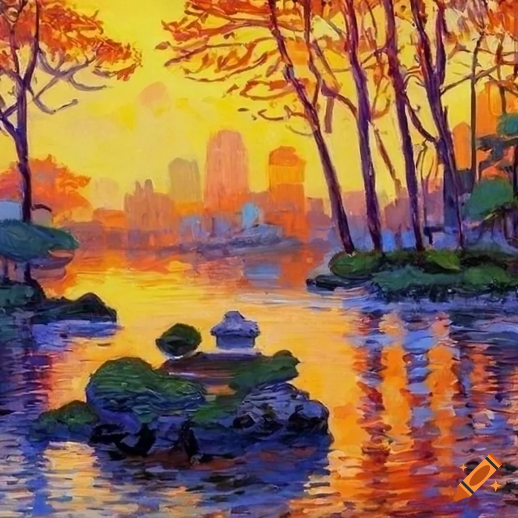 Impressionist painting of a Japanese garden at golden hour on Craiyon