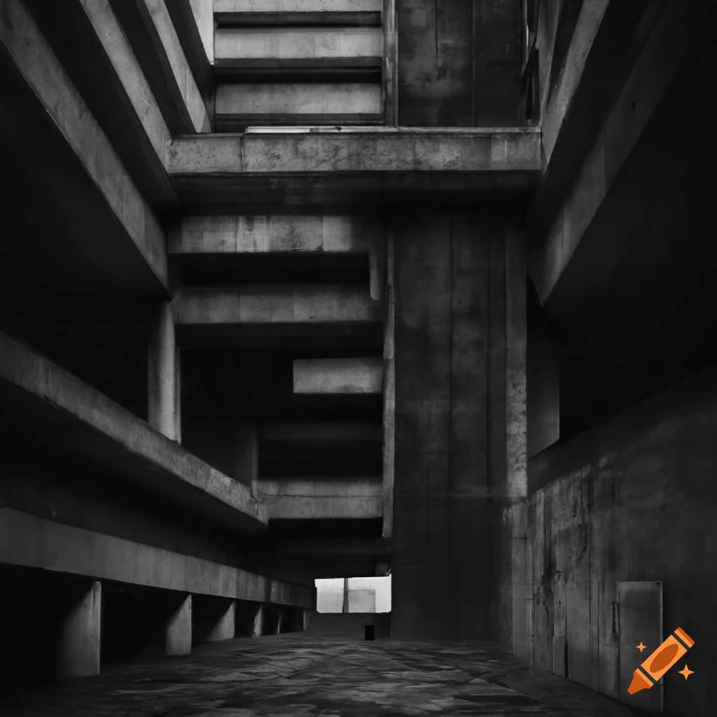 Brutalist concrete megastructure in the rain on Craiyon