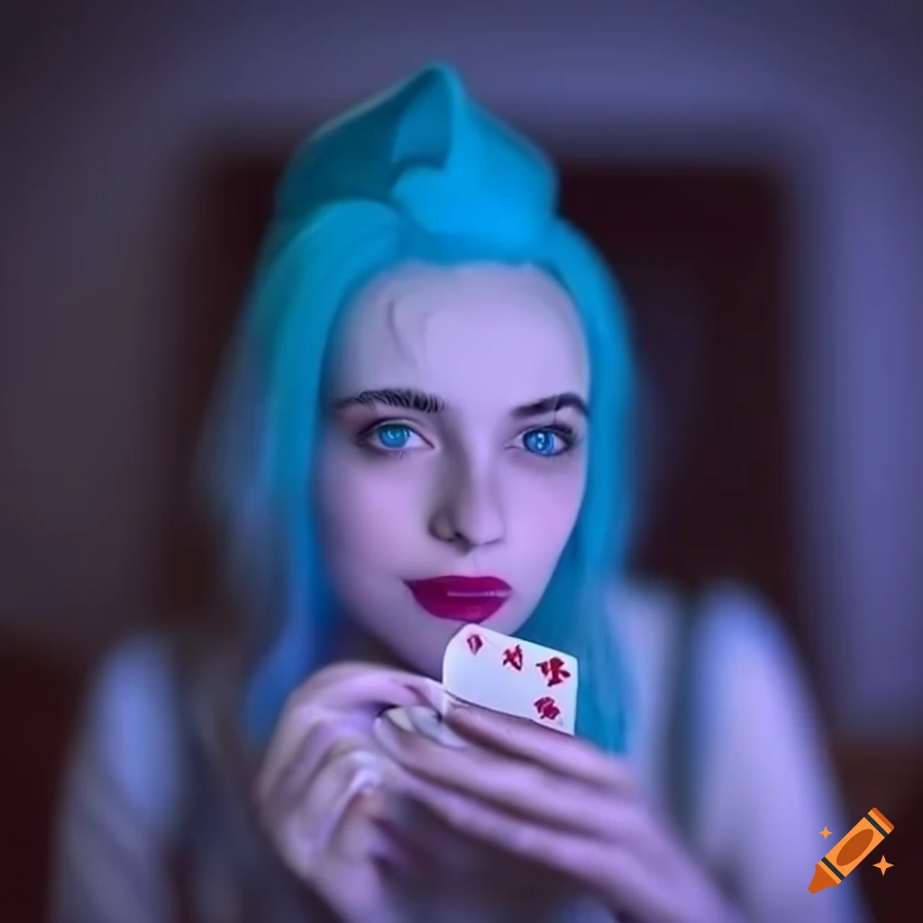 Detailed portrait of Alice with colorful hair holding a deck of playing ...