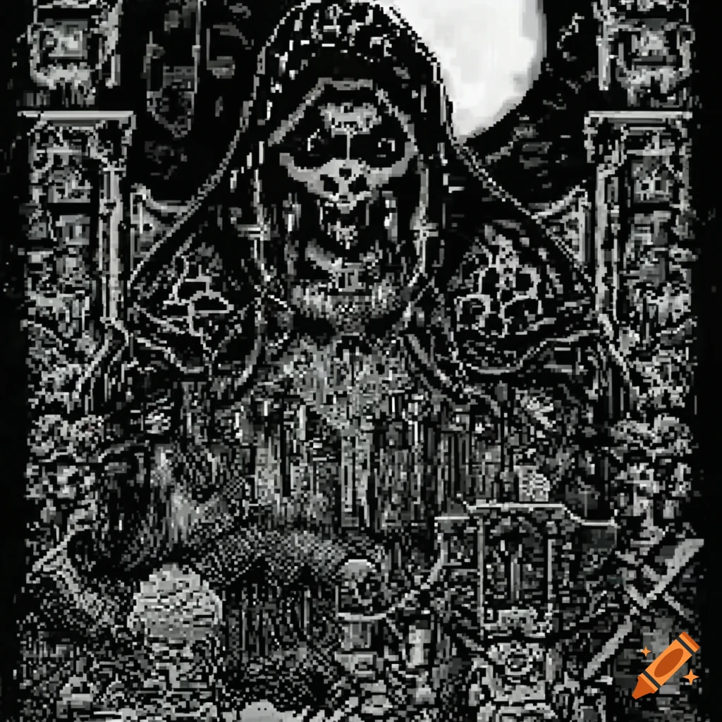 Black and white pixel art of a necromancer in an adventure game