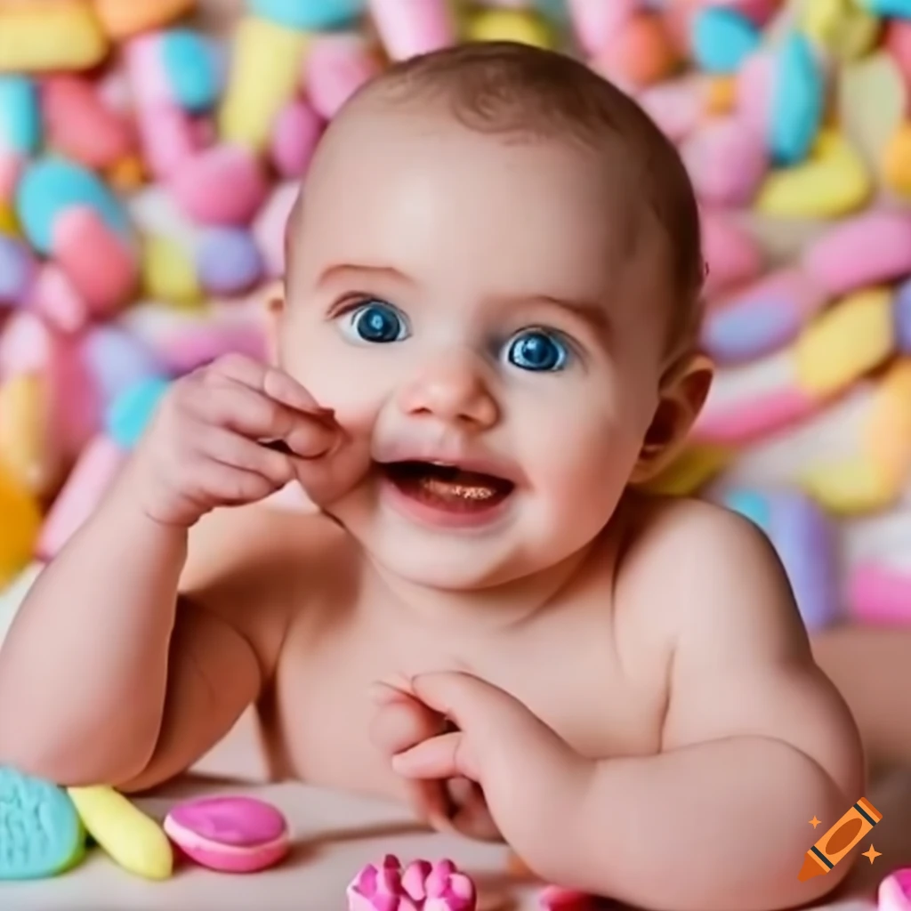 Smiling baby surrounded by sweets on Craiyon