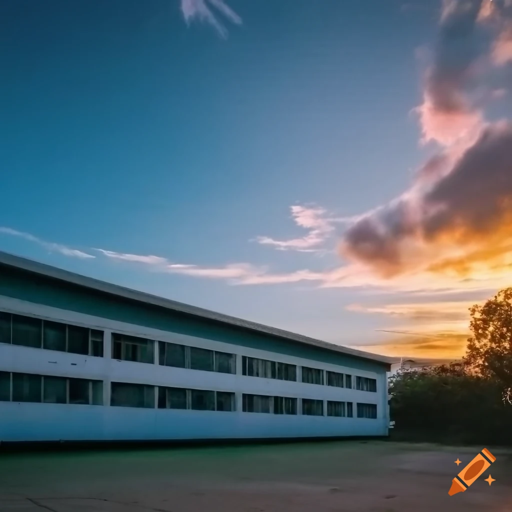 Sunset in a modernist school yard on Craiyon