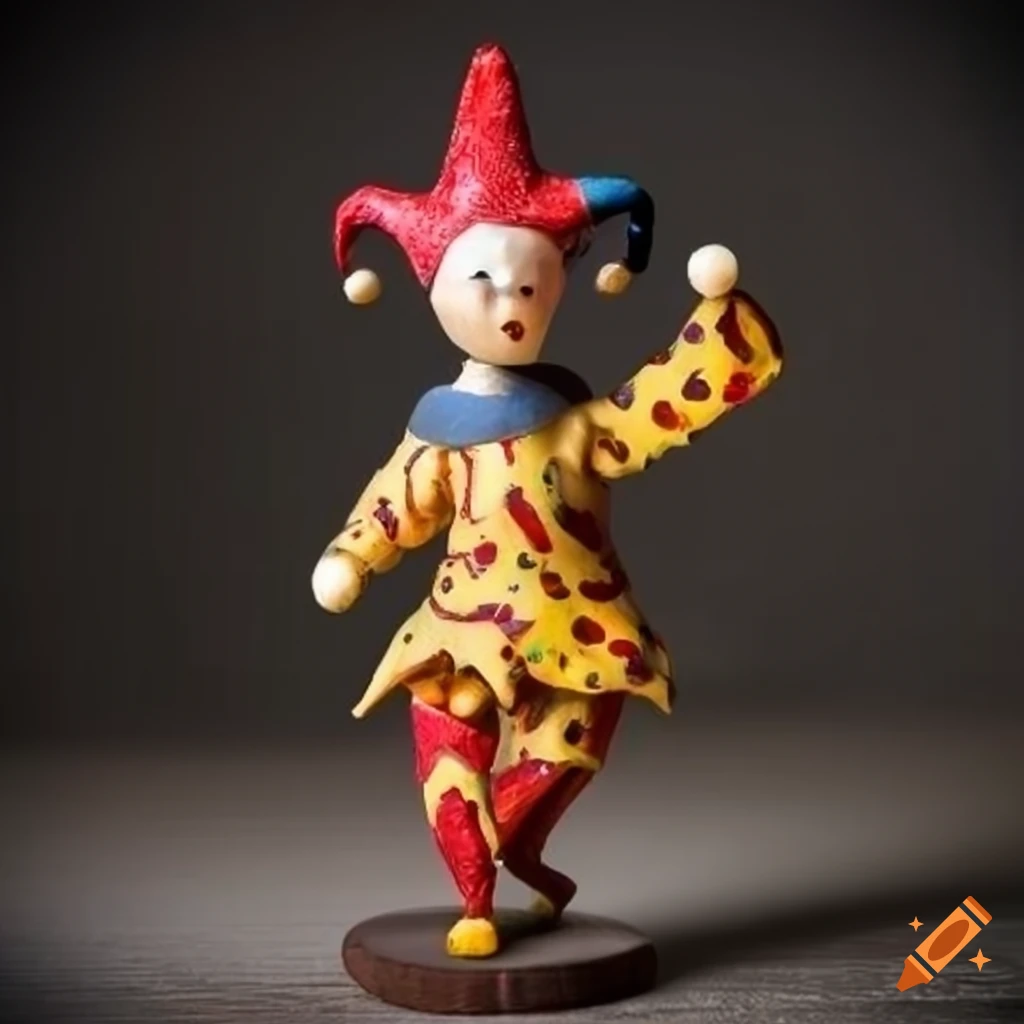 Fantasy toy jester figurine made of scrap cloth and wood on Craiyon