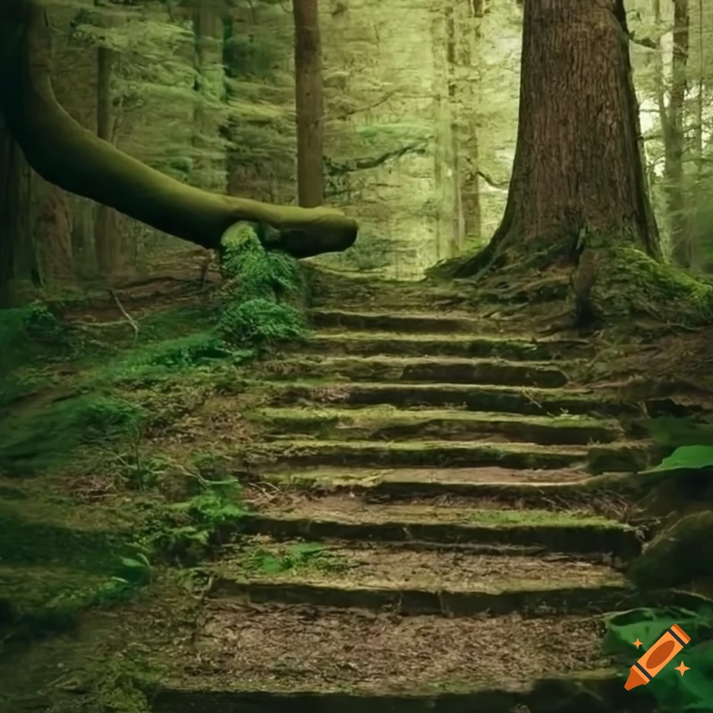 Forest well with cobblestone path and stepping stones across a river on ...