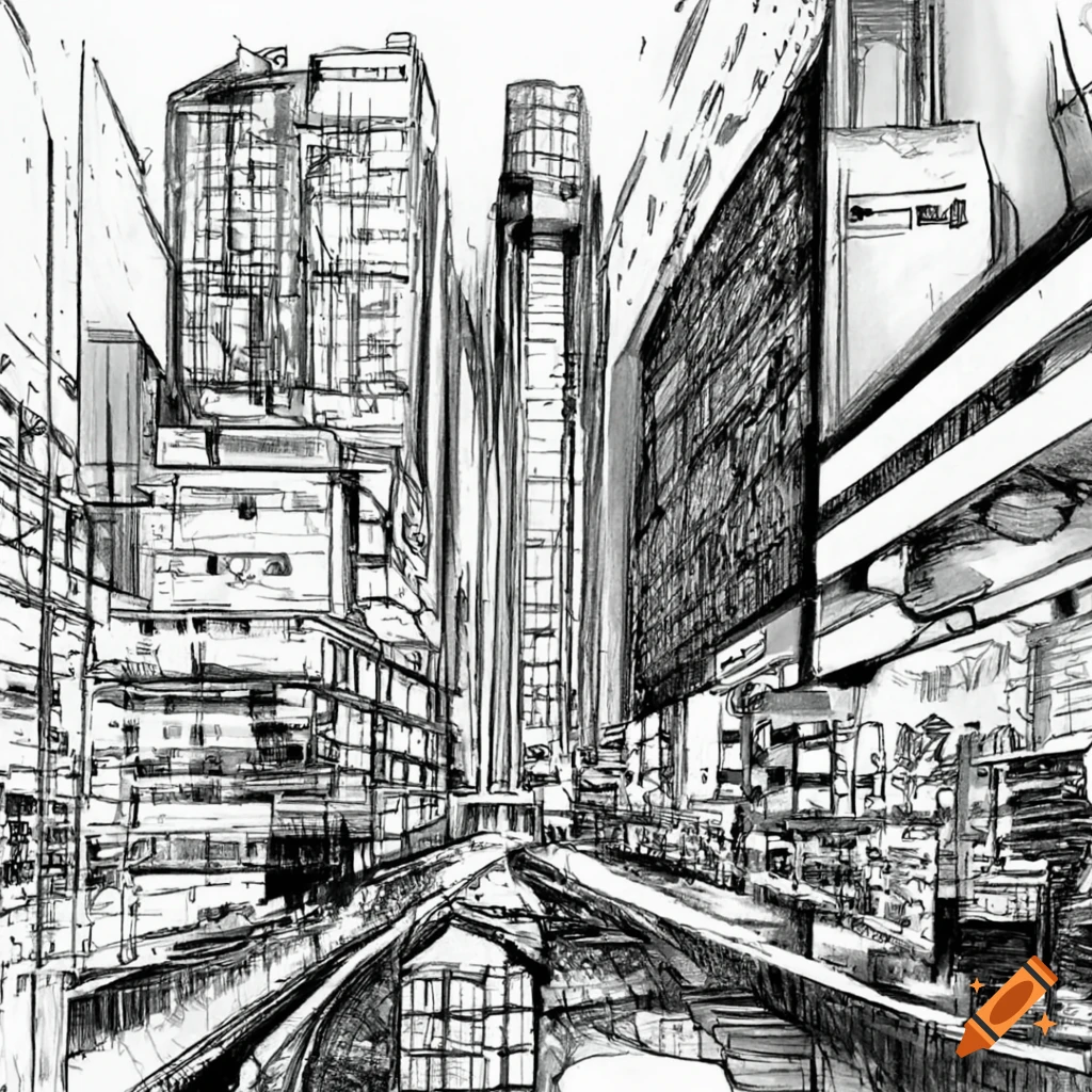 Detailed sketch of a lively city on Craiyon