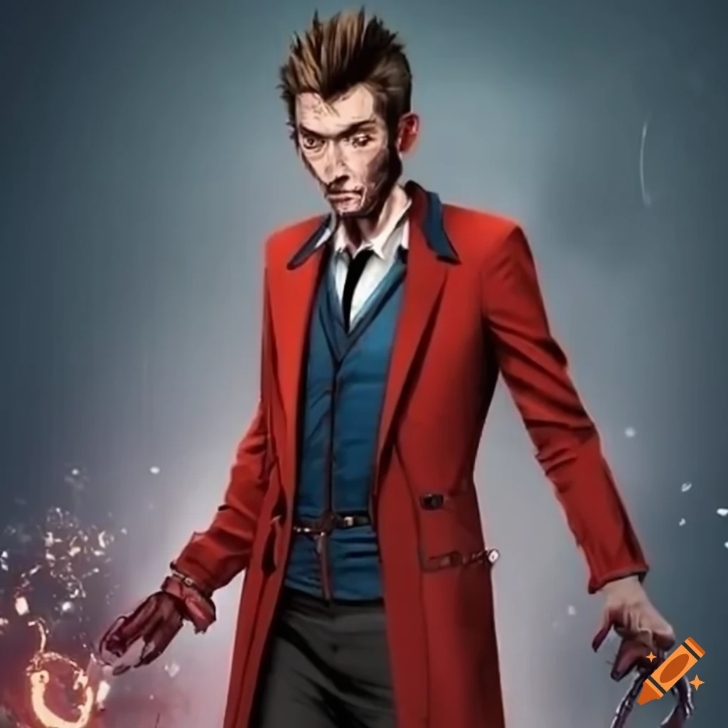 Playful male character with a red high-tech costume and glowing symbols ...