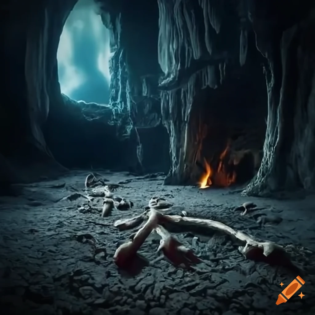 Image of a dark underground cavern with scattered bones on Craiyon