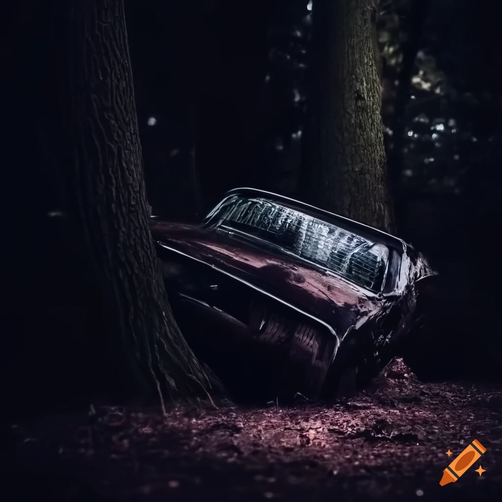 Muscle car crashed into a tree at night on Craiyon