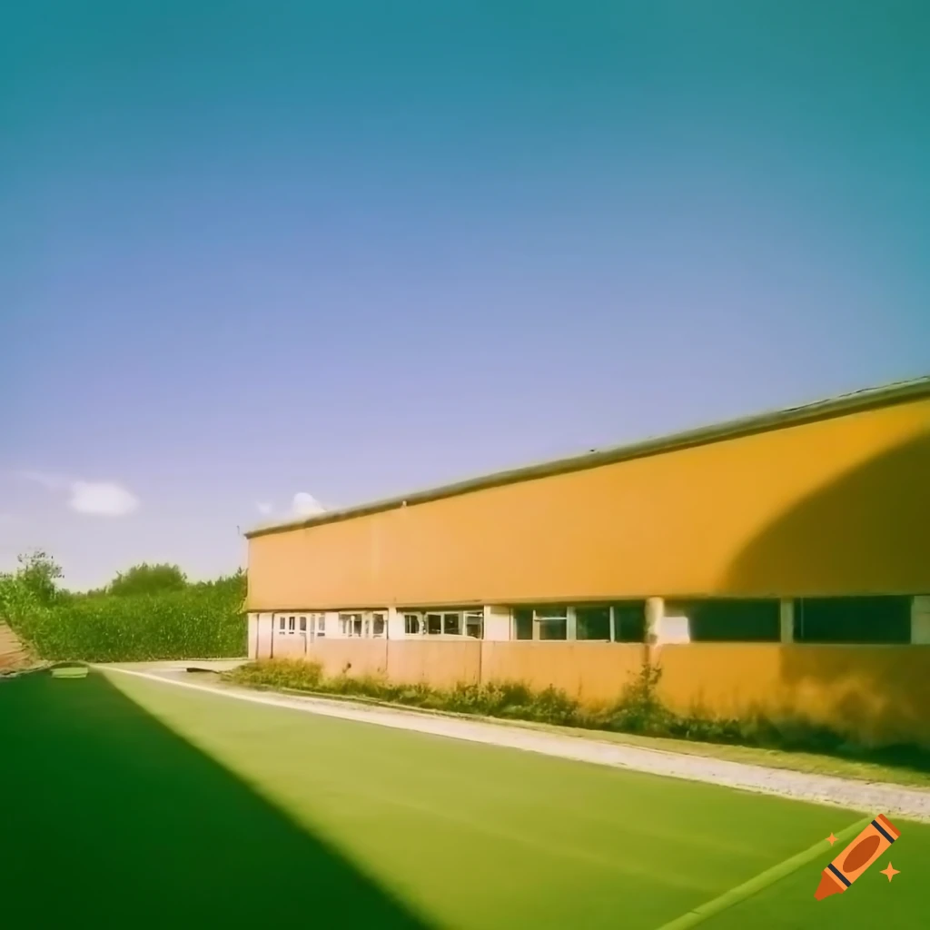 Sunlit modernist school yard during sunset