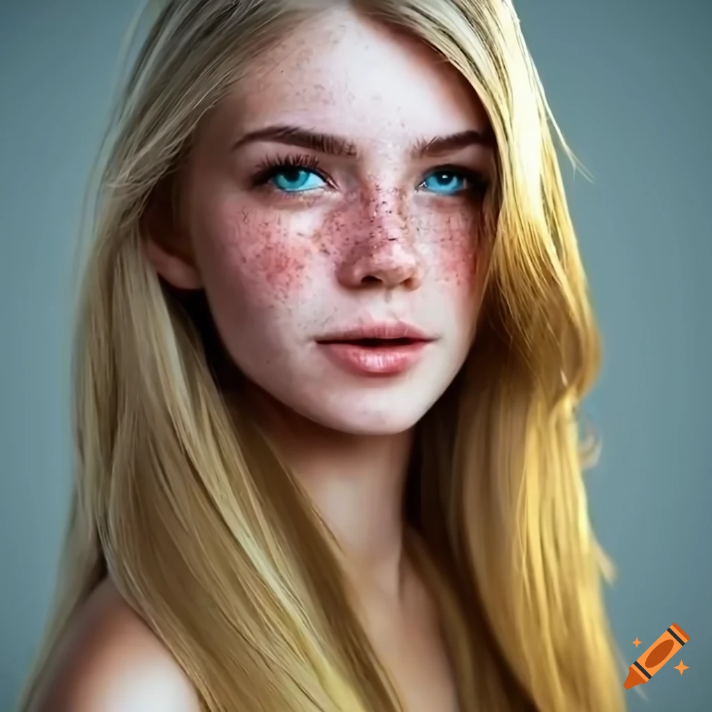 Beautiful young woman shoulder-length blonde hair very light freckles ...