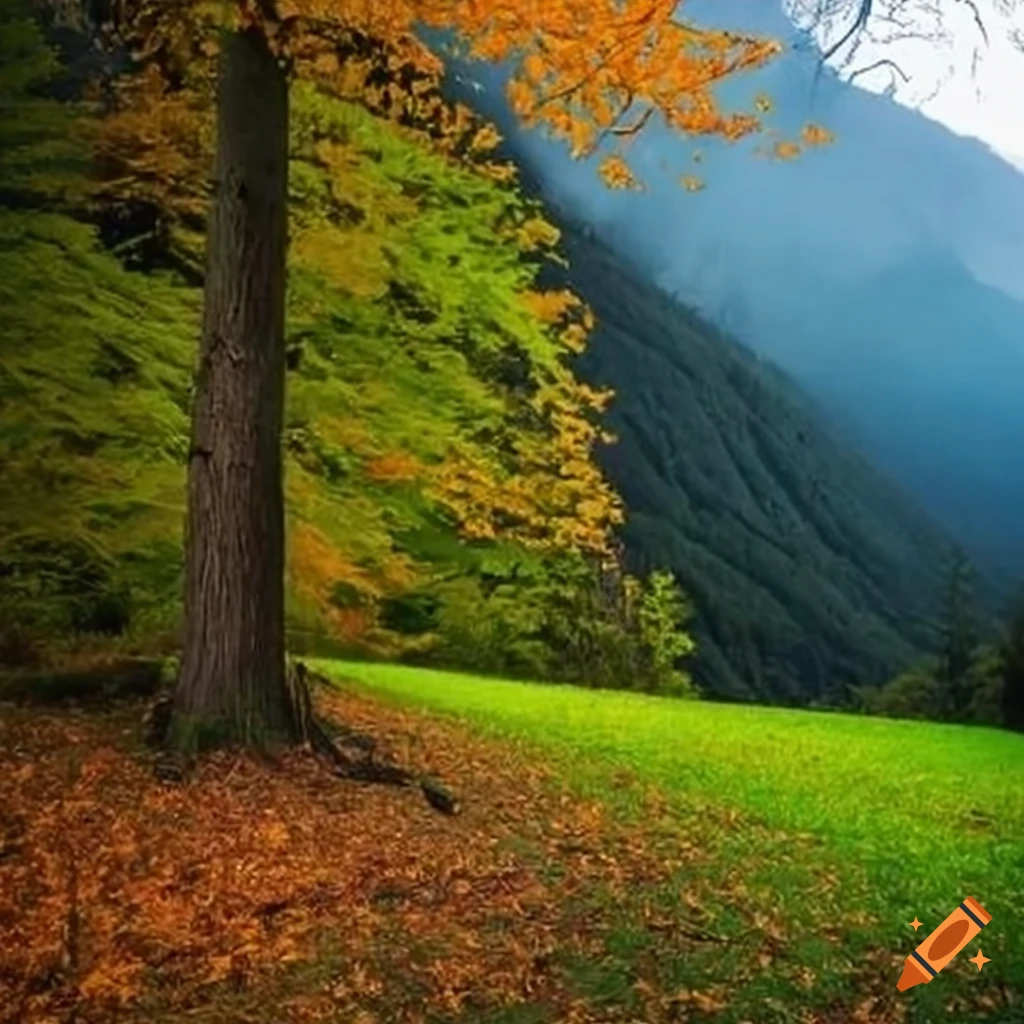 Autumn scene in the mountains with green leaves on trees
