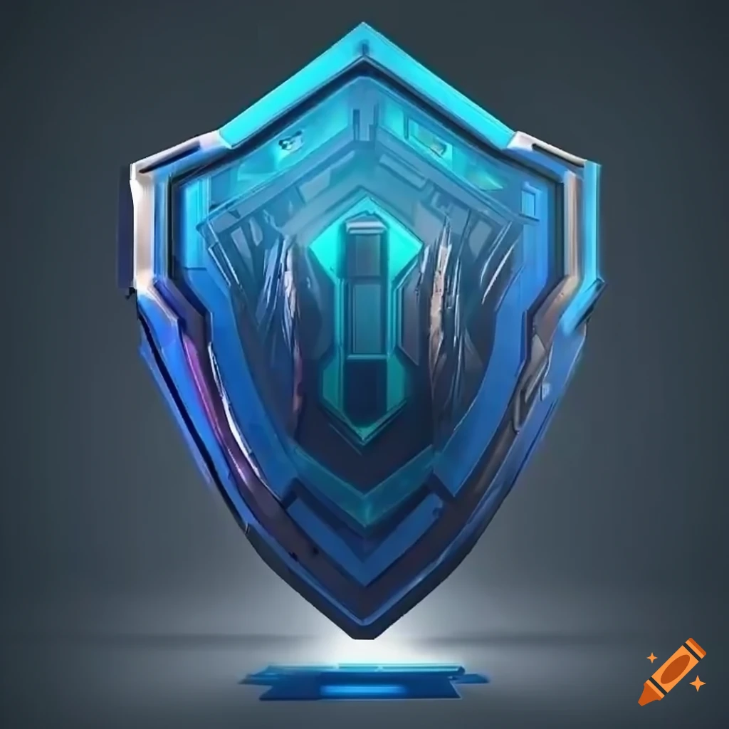 High-tech fantasy crest shield with blue accents on Craiyon