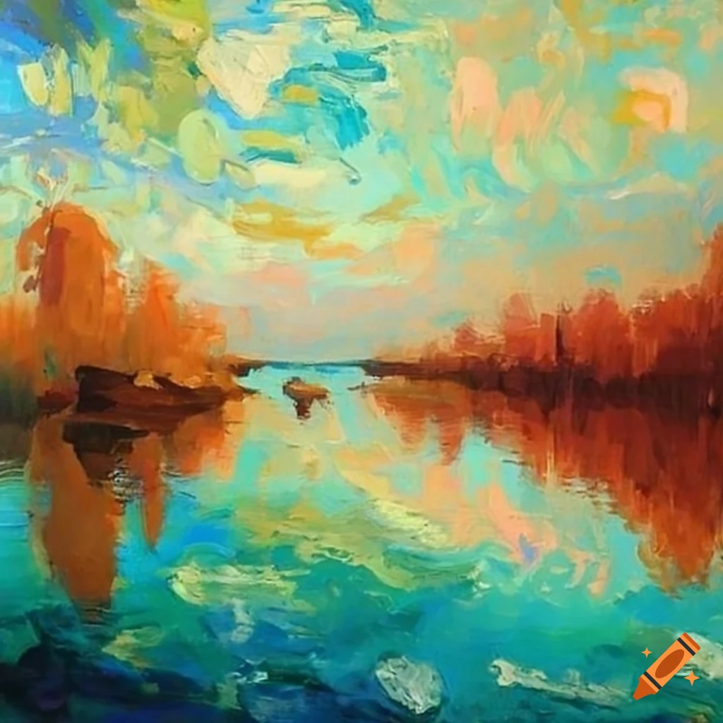 Abstract impressionist painting of a river with boats and forest ...