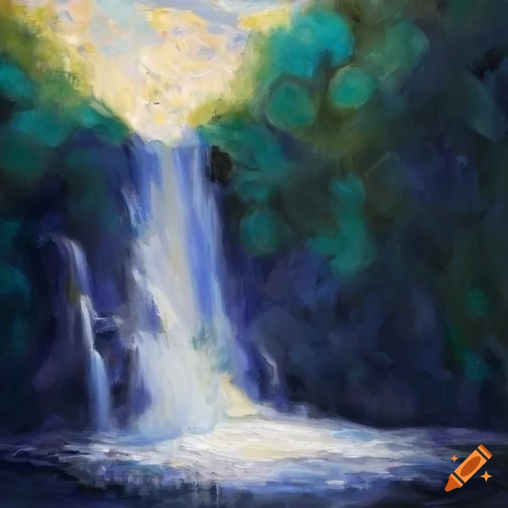 Impressionist painting of a waterfall in oval shape on Craiyon