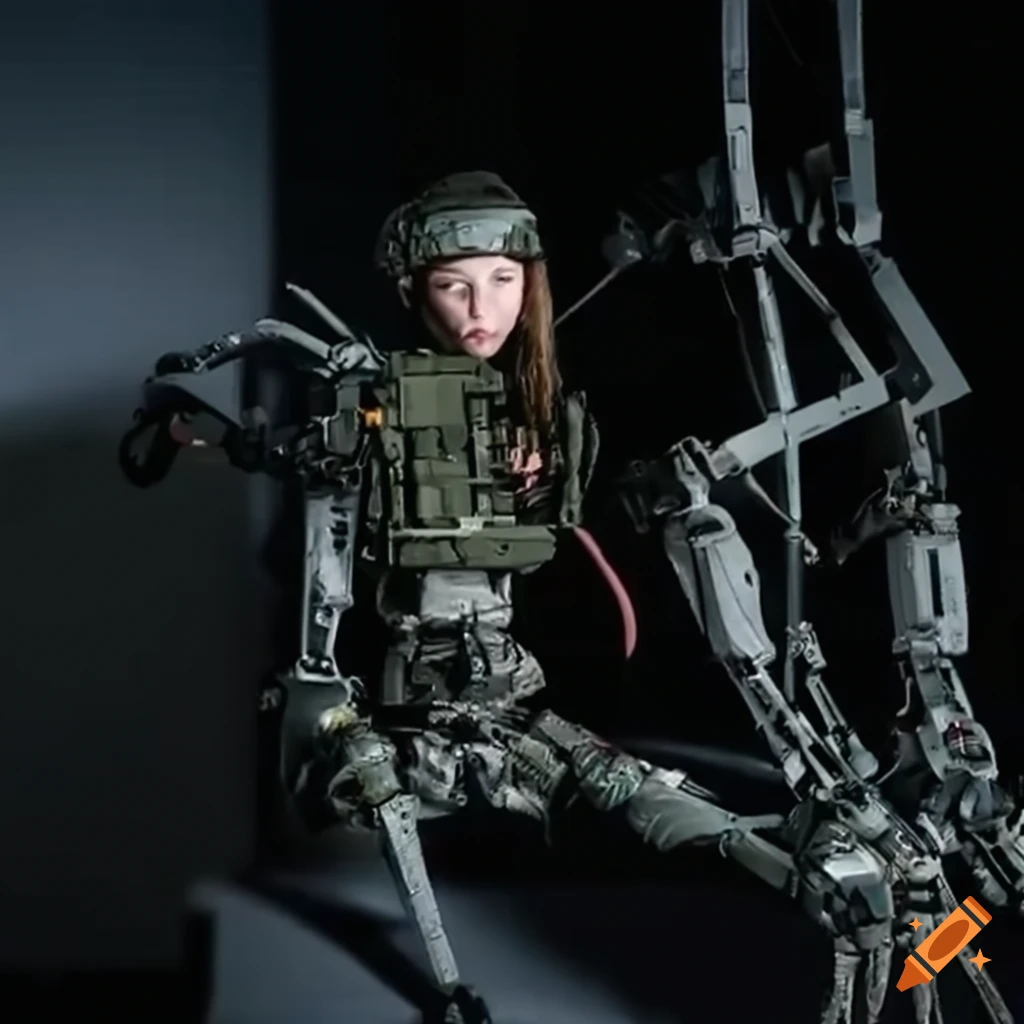 Image of a young woman soldier with robotic spider legs