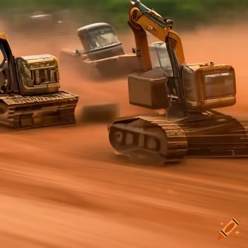 Excavators racing on a dirt track on Craiyon