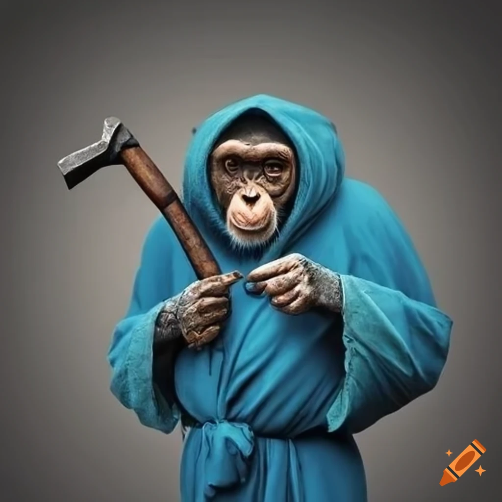 Chimpanzee wearing a blue robe and holding a hammer on Craiyon