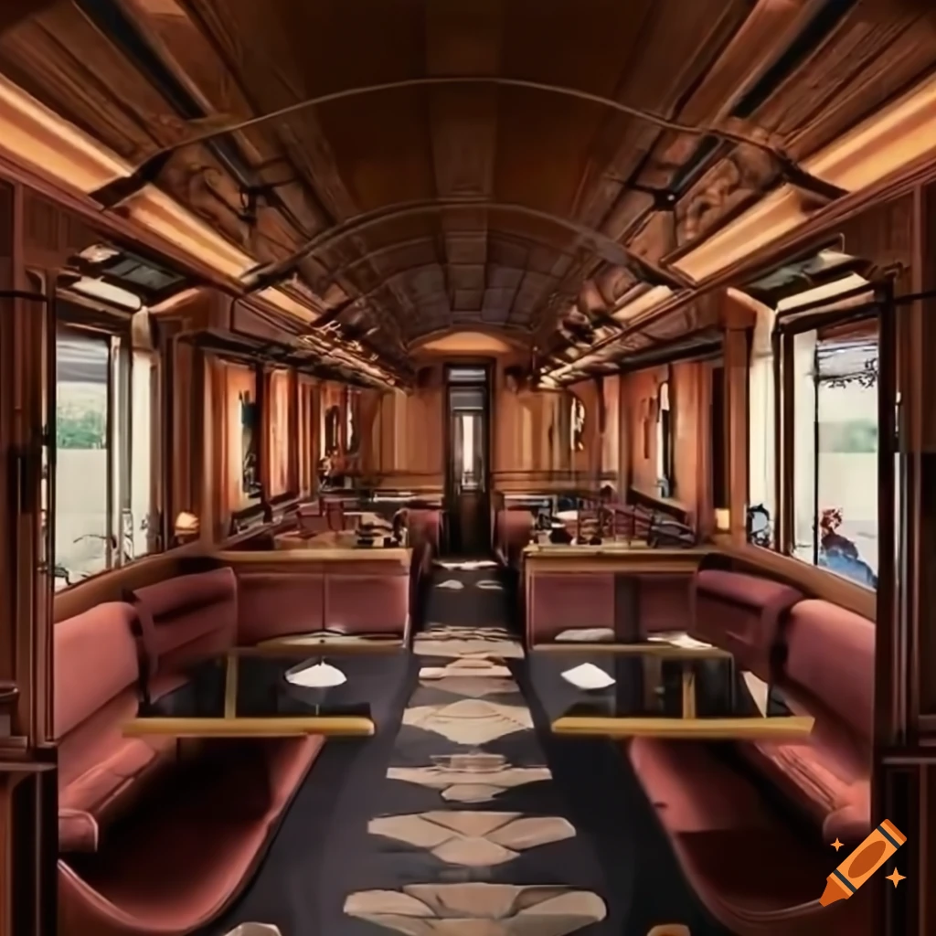 Interior of a luxurious restaurant in a train with large windows on Craiyon
