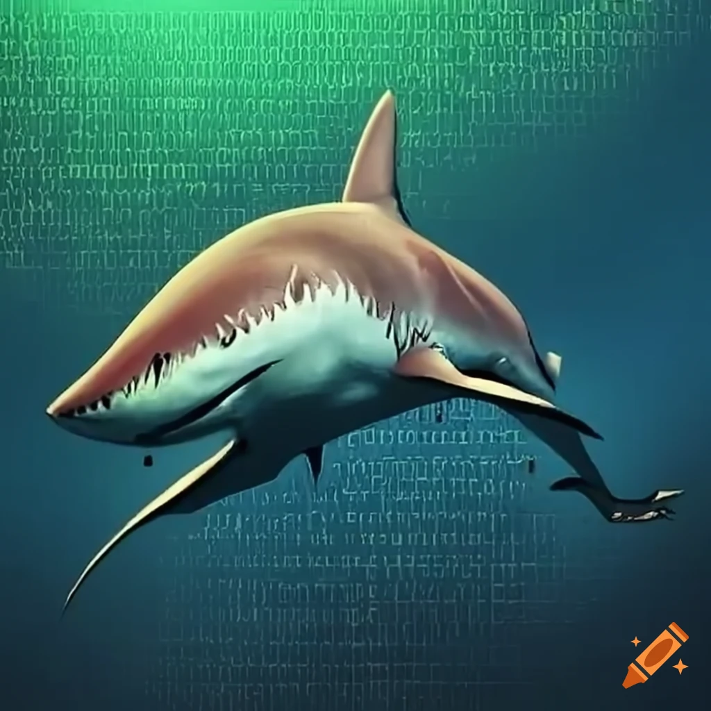 Digital art of a fierce lemon shark surrounded by binary code on Craiyon