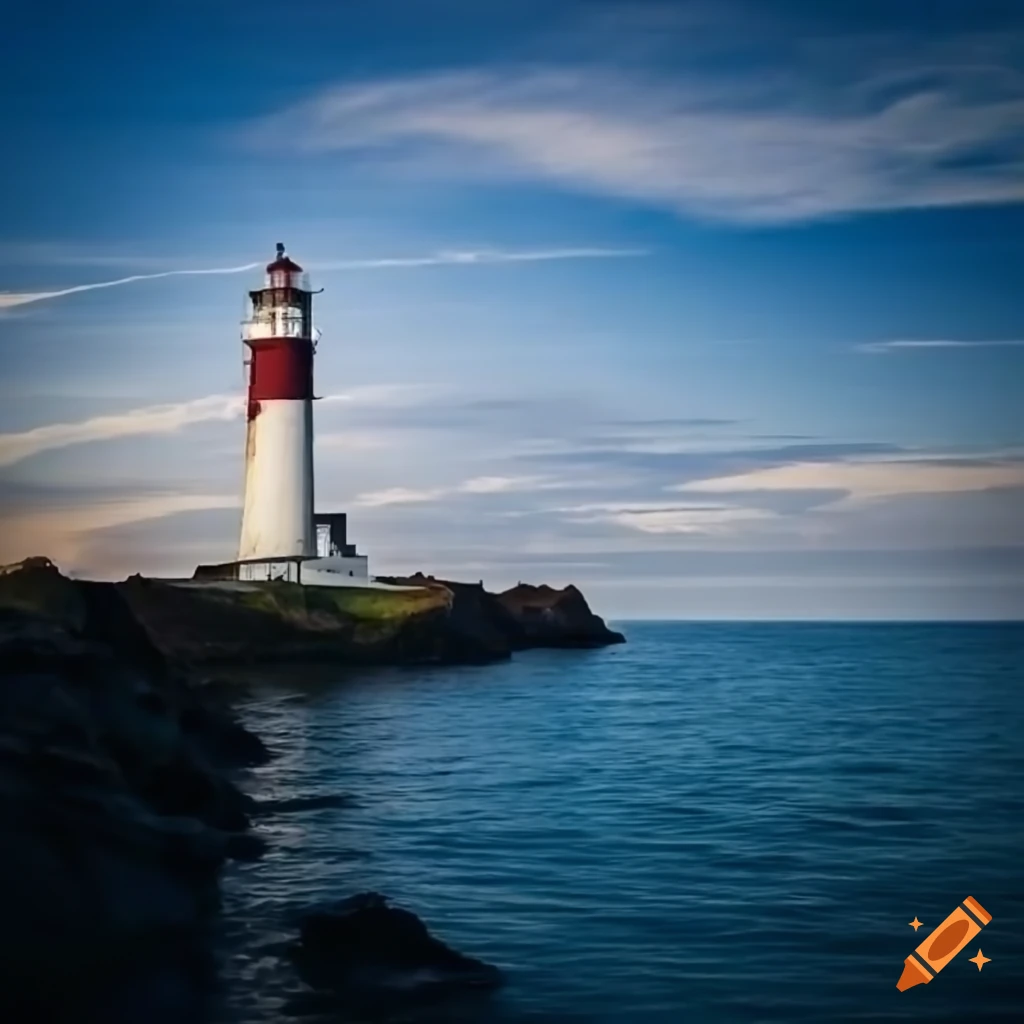 Lighthouse shining in the distance with a clearing and forest in ...