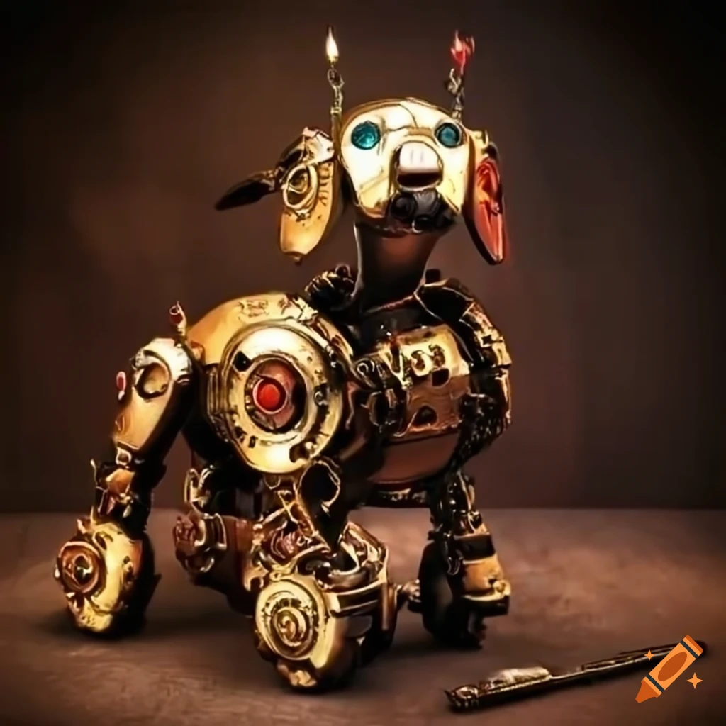 Steampunk robot dog with menacing red eyes on Craiyon