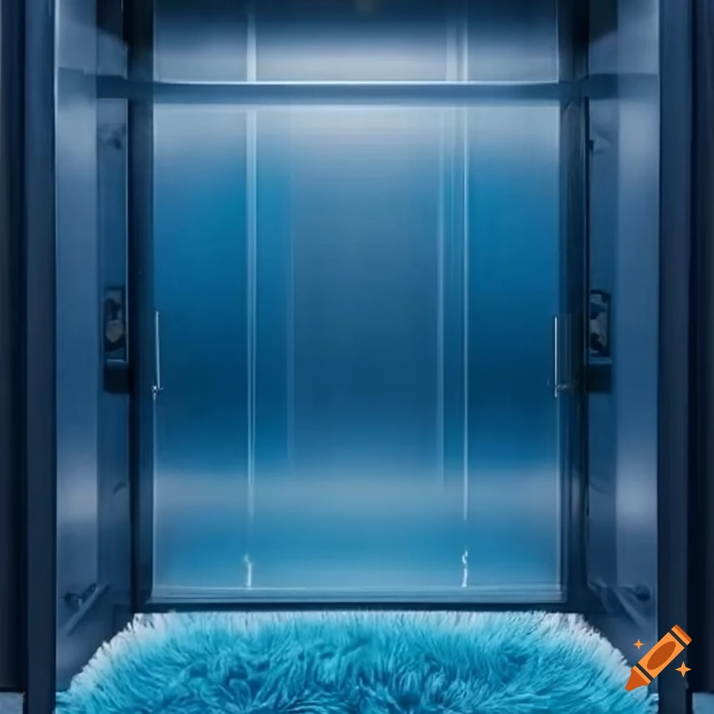 Luxury elevator with blue fluffy carpet and mirror walls on Craiyon
