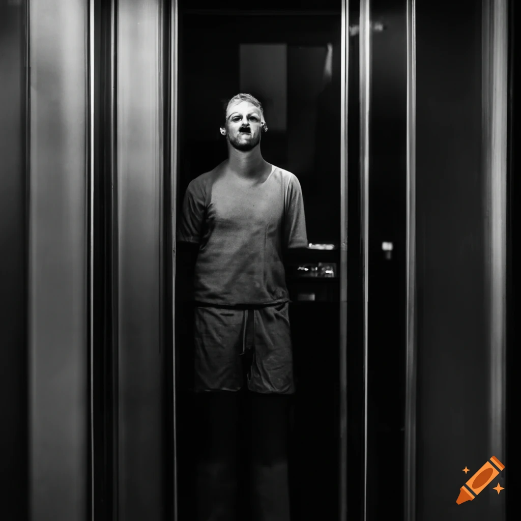 Black and white photo of a man inside an elevator