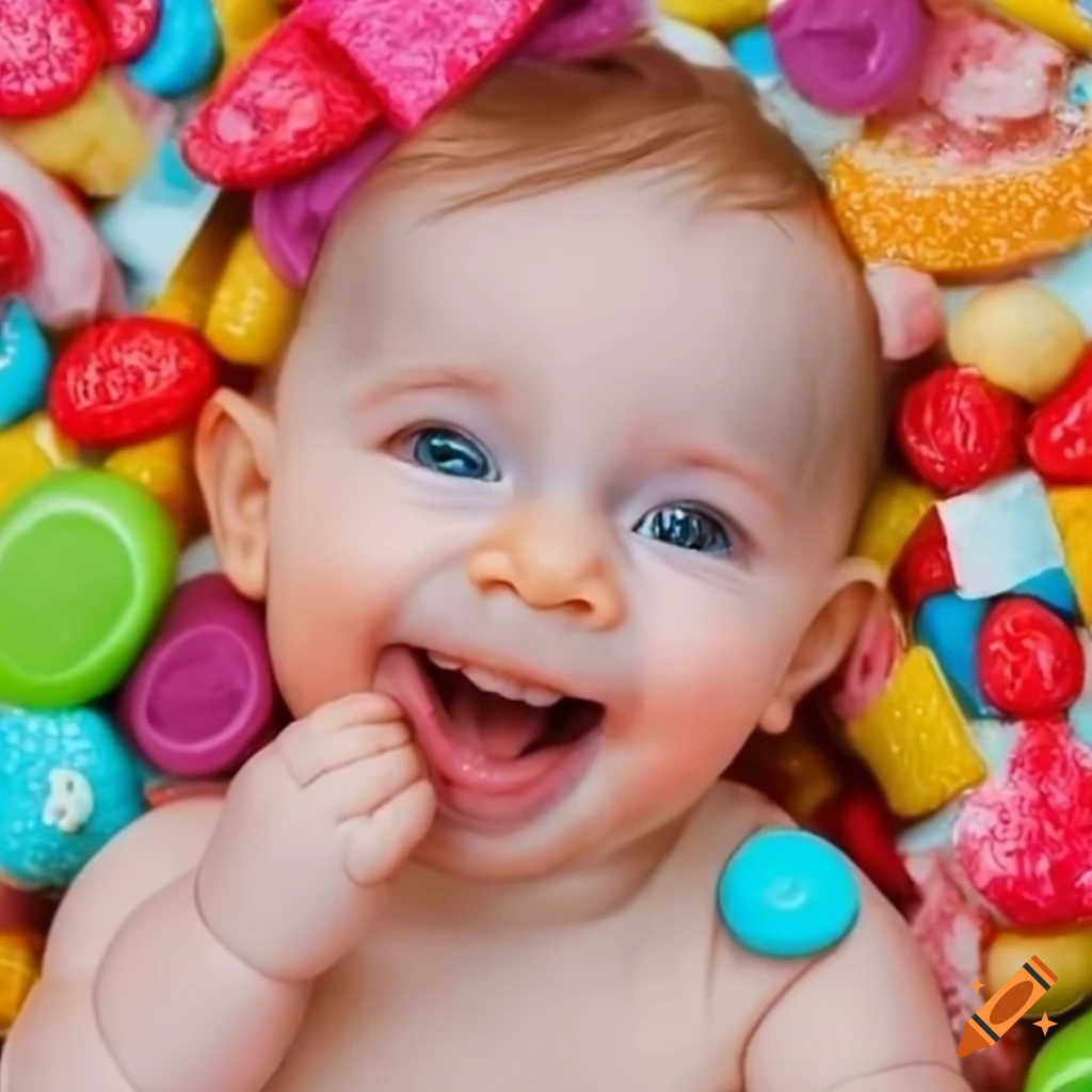 Smiling baby surrounded by sweets on Craiyon